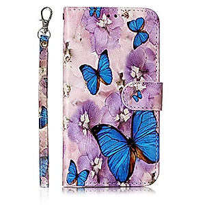 JanCalm Compatible with iPhone 12 Wallet Case/iPhone 12 Pro Wallet Case, Floral Pattern PU Leather [Wrist Strap][Card/Cash Slots] Stand Flip Cover for iPhone 12/12 Pro 6.1 inch (Butterfly/Purple)