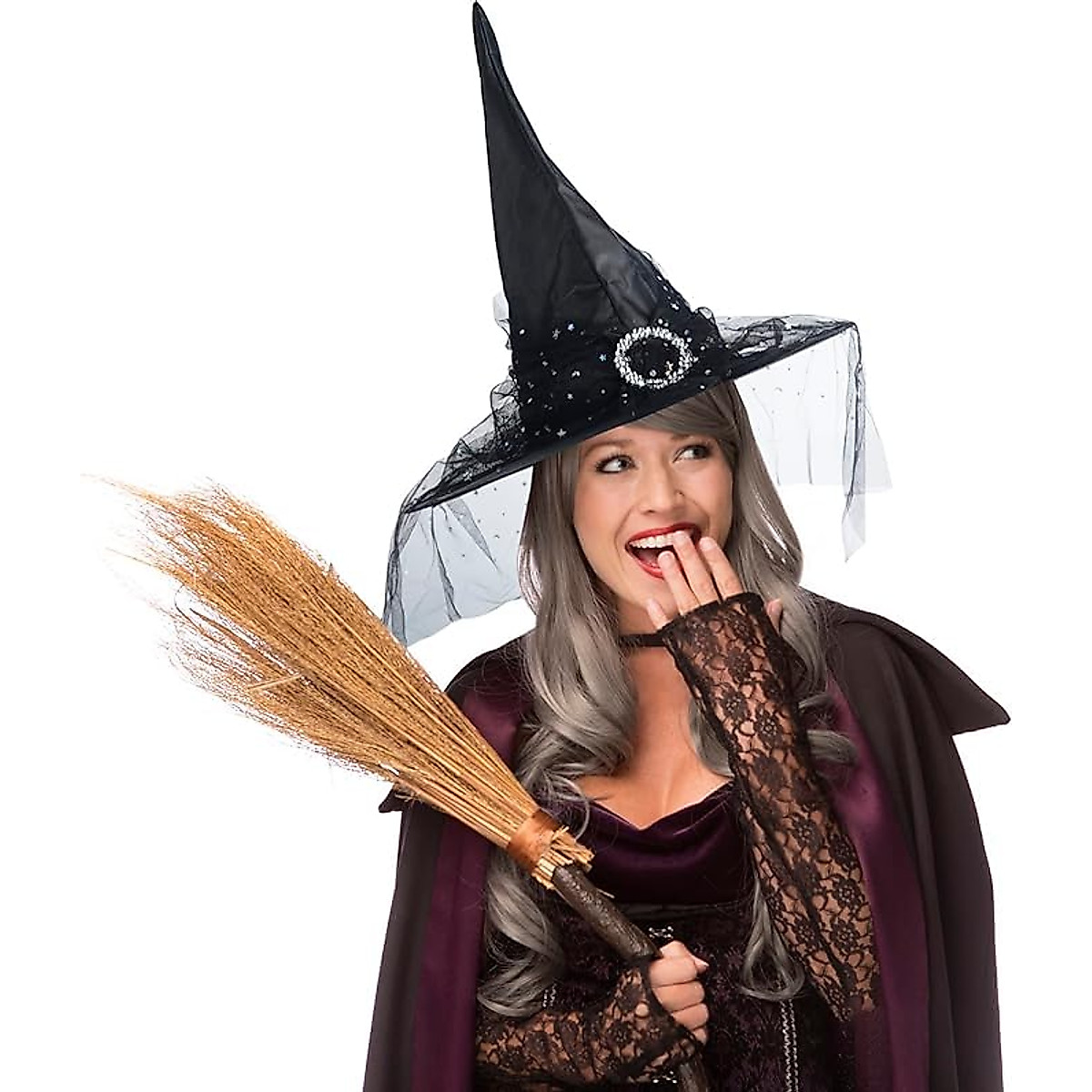 Giga Gud 4 pcs Halloween Witch Hat Halloween Vintage Witch Hat, See-Through Lace Veils Printed Hats Party Supplies Halloween Costume Accessories