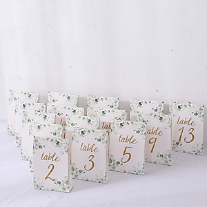 Efavormart 25 Pack White Green Double Sided Paper Wedding Table Numbers with Eucalyptus Leaves and Gold Foil Numbers Print, 7" Free Standing Table Sign Cards 1-25