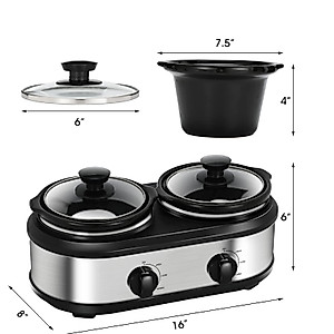 Double Slow Cooker, 2 X 1.25QT Mini Individual Pots with Adjustable Temp, Dishwasher Safe, Portable Buffet Server and Warmer, Safe Ceramic Pots & Glass Lid, Stainless Steel