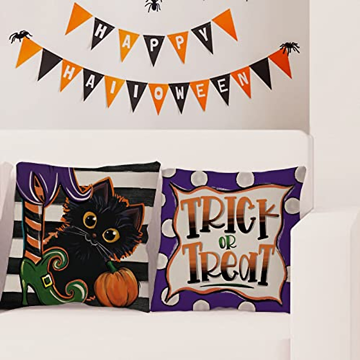 Fjfz Happy Halloween Witch Decorative Throw Pillow Covers 18 x 18 Set of 4, Trick or Treat Black Cat Pumpkin Fall Porch Outdoor Home Decor, Purple Polka Dots Stripes Autumn Holiday Couch Cushion Case