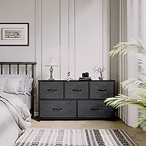 YITAHOME Wide Storage Tower with 5 Drawers - Fabric Dresser, Organizer Unit for Bedroom, Living Room, Closets & Nursery - Sturdy Steel Frame, Easy Pull Fabric Bins & Wooden Top (Black/Grey)