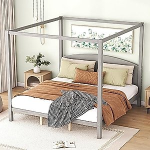 King Size Canopy Bed Frame with Headboard and Support Legs, King Canopy Bed King Size Canopy Bed Frame, Solid Wood King Bed Frame, 4-Post Canopy Bed Frame, No Box Spring Needed, Grey Wash