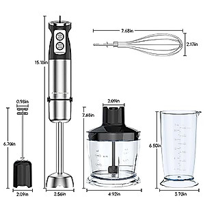 Immersion Blender 800W, 5 in 1 Hand Blender, 24 Speed and Turbo Mode Immersion Blender Handheld, Stick Blender Stainless Steel Blade with Mixing Beaker, Chopper, Whisk and Milk Frother