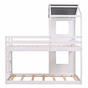 P PURLOVE Twin Over Twin Bunk Bed, Wood bunk Bed Frame with Ladder, Bunk Bed with Roof, Window and Guardrails, for Boy, Girls and Young Teens, White