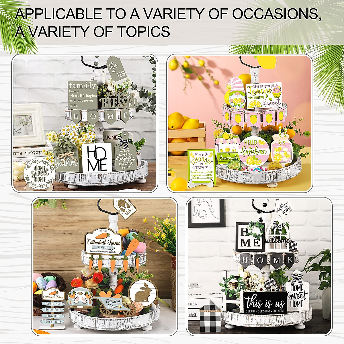 Tiered Tray Cupcake Stand 2 Tiered Tray Stand and Wood Beads Decorative Trays with Handle, Round Rustic Stand for Kitchen, Homeware Display Platters for Party (White)