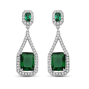 Jewelili Sterling Silver Octagon Simulated Emerald and Round White Clear Crystal Dangle Earrings