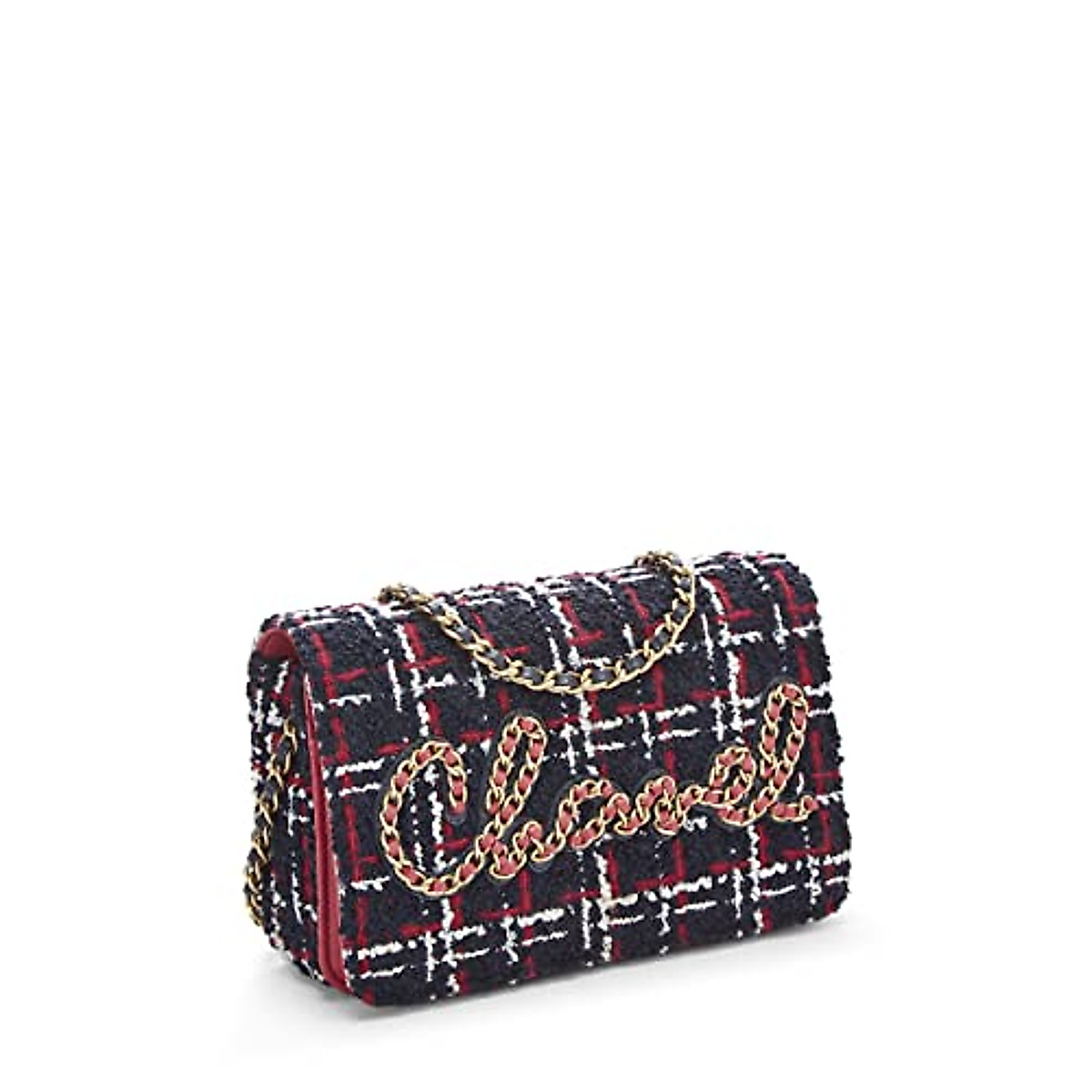 CHANEL, Pre-Loved Navy & Pink Plaid Tweed Wallet on Chain (WOC), Multi