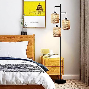 QIYIZM Floor Lamp for Living Room,Bedroom,3-Lights Boho Rattan Tree Floor Lights,Industrial Black Farmhouse Standing Lamp Wicker Rustic Adjustable Tall Lamp,Woven Bamboo LampShade Floor Lamps Bohemian