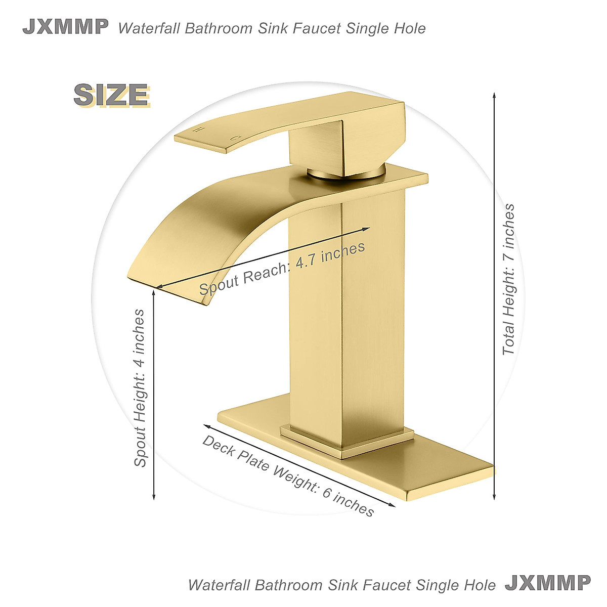 JXMMP Waterfall Faucet for Bathroom Sink, Single Hole Bathroom Faucet Brushed Gold with Pop Up Drains and Deck Plate for 3 Hole Installation JXM122BG