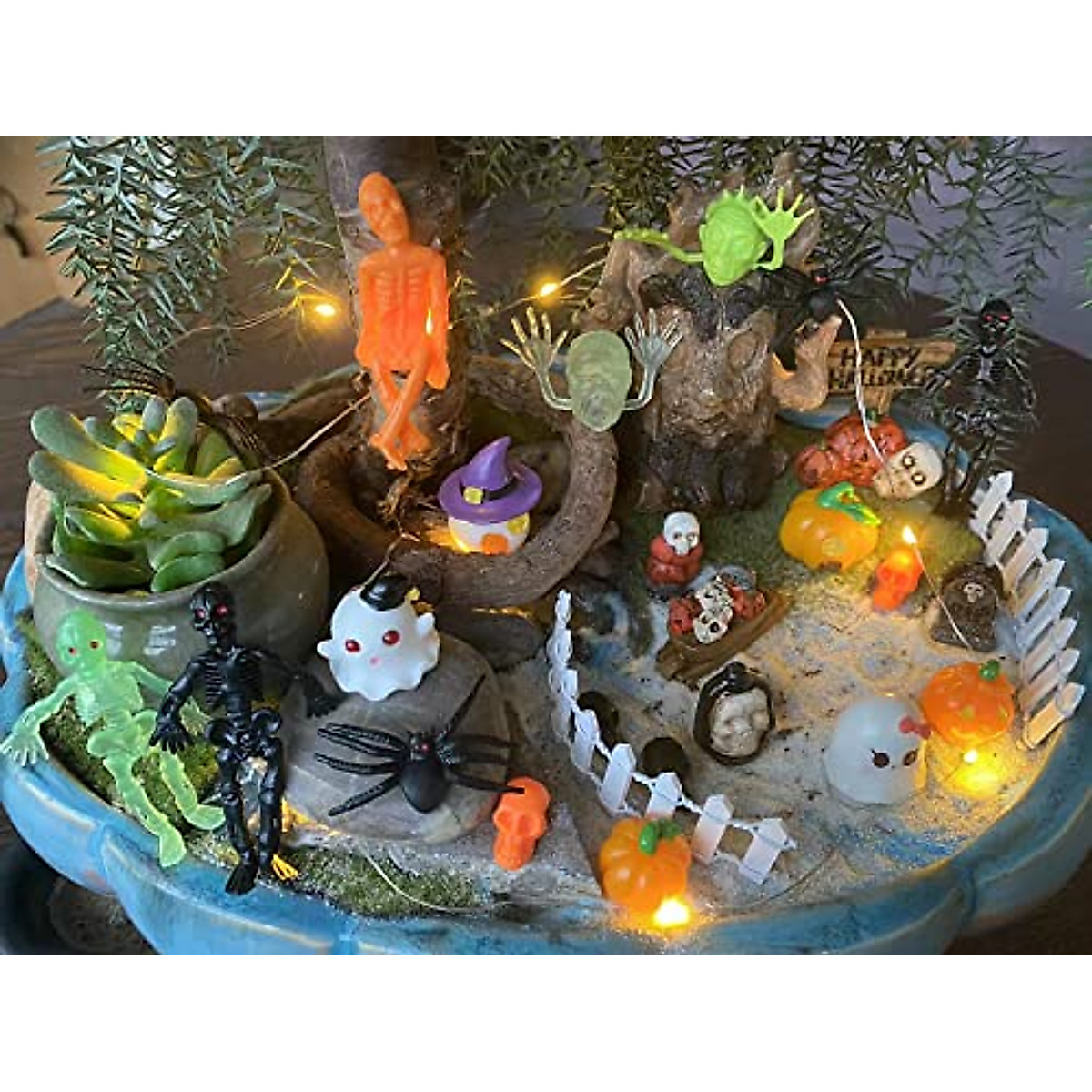 BangBangDa Miniature Halloween Fairy Garden Accessory - DIY Cake Topper Halloween Dollhouse Fall Village Terrarium Ornament Set Yard Garden Mini Skull Pumpkin Figurine Ghost Spider Witch Figurines