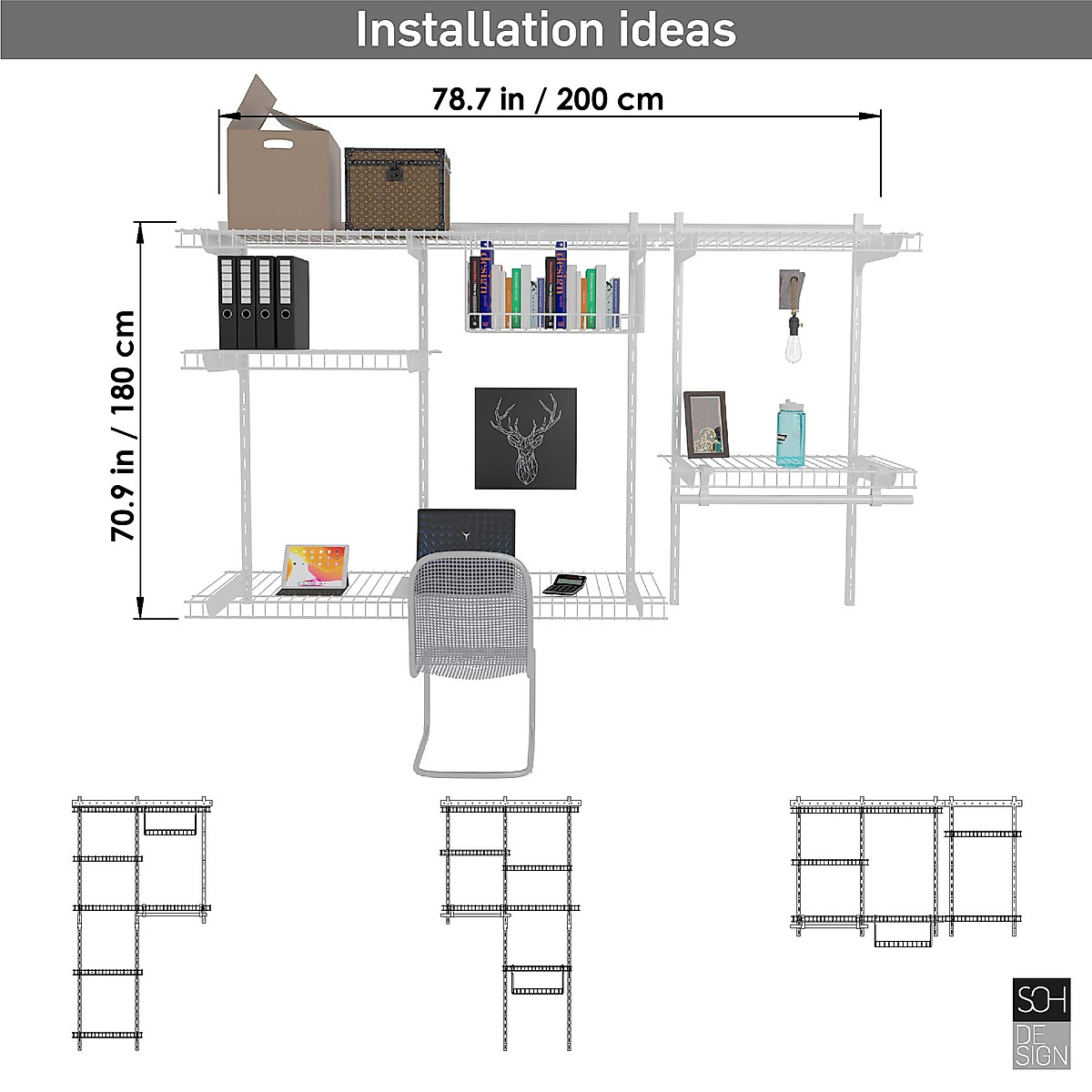 SOH DESIGN Adjustable White Wire Closet Shelf Kit, 3-5 FT Expandable Organizer System for Versatile Home Storage