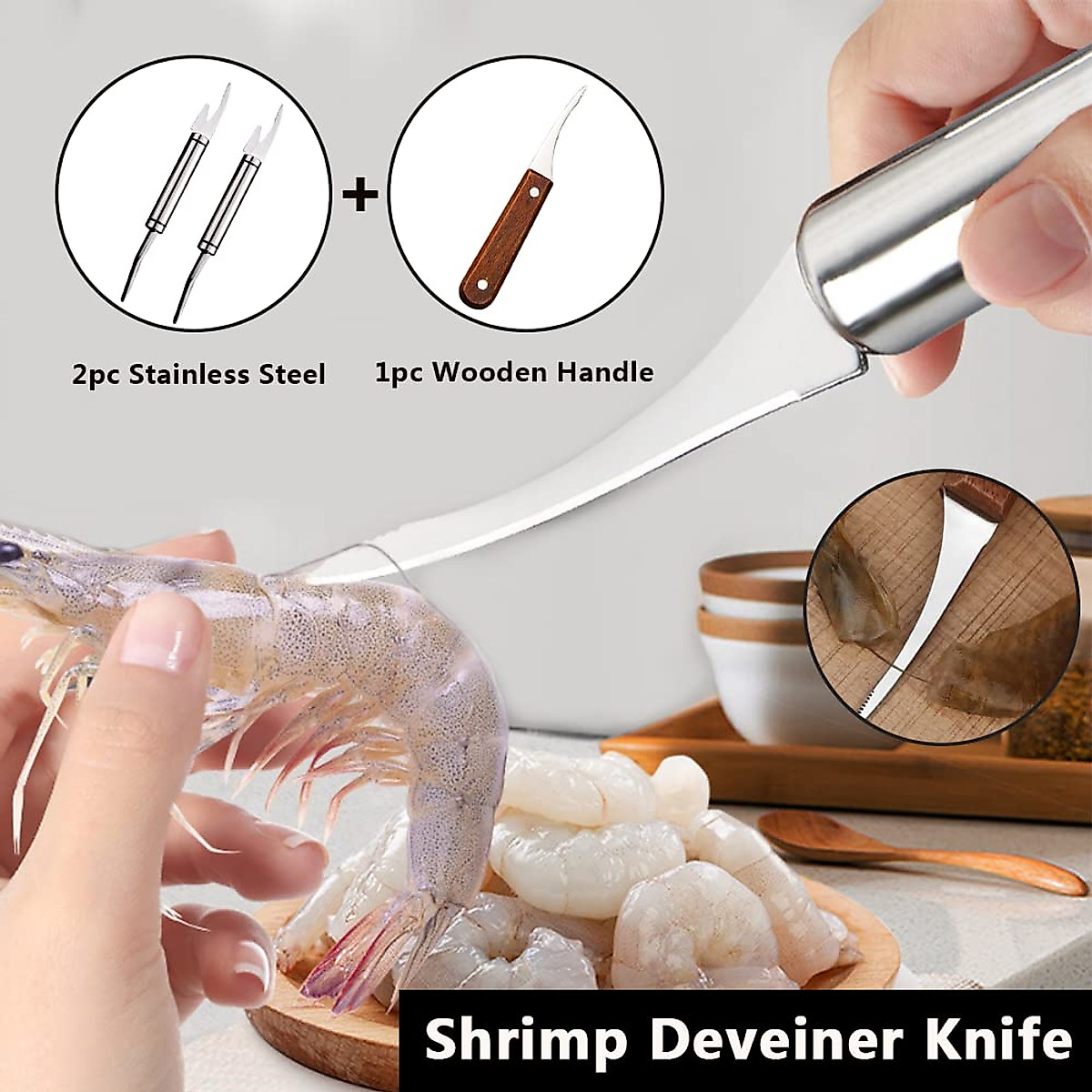 3pcs Shrimp Deveiner Tool — 5 in 1 Multifunctional Shrimp Fish Knife with 1 Wooden Prawn Peeler, 2 Stainless Steel Shrimp Peeler and Deveiner Tool, Seafood Shrimp Line Knife Kitchen Tool.