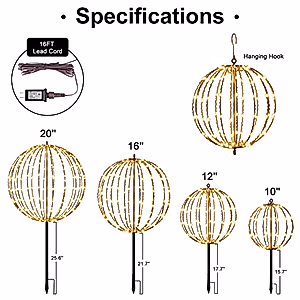 Christmas Ball Light Sphere, 10IN 48LED Hanging Tree Light and Pathway Lights with Hook and Stake, Foldable Metal Frame Light Ball for Outdoor Garden, UL Listed, Brown Frame, Warm White