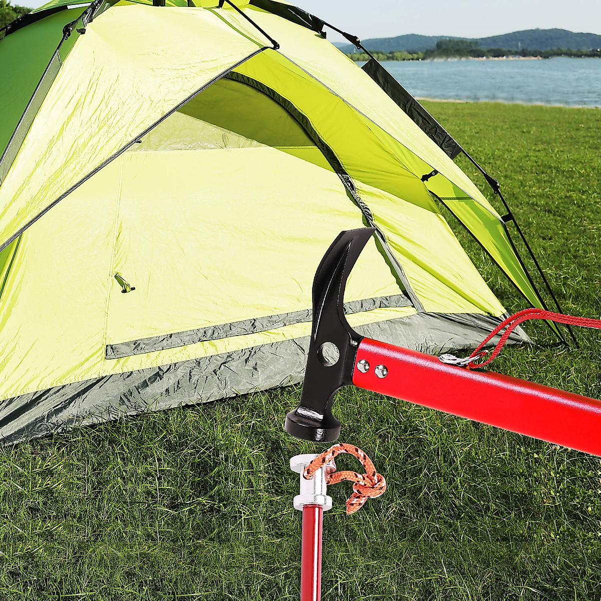 REDCAMP Aluminum Camping Hammer with Hook, 12" Lightweight Multi-Functional Tent Stake Hammer, Portable Camp Stake Mallet, Red