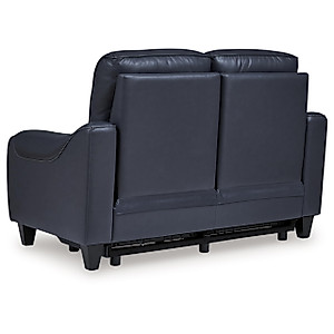 Signature Design by Ashley Mercomatic Contemporary Leather Match Wall Hugger Power Reclining Loveseat with Adjustable Headrest and USB Ports, Blue