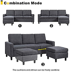 Walsunny Convertible Sectional Sofa Couch with Reversible Chaise, L-Shaped Couch with Modern Linen Fabric for Small Space (Dark Grey)