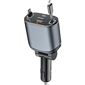 4 in 1 Retractable Car Charger with USB Type C and iPhone Lightning Cord and 2 Fast Charging Ports, 78W Cigarette Lighter for iPhone 15/14/13 Pro Max Plus Mini, Samsung Galaxy Phone