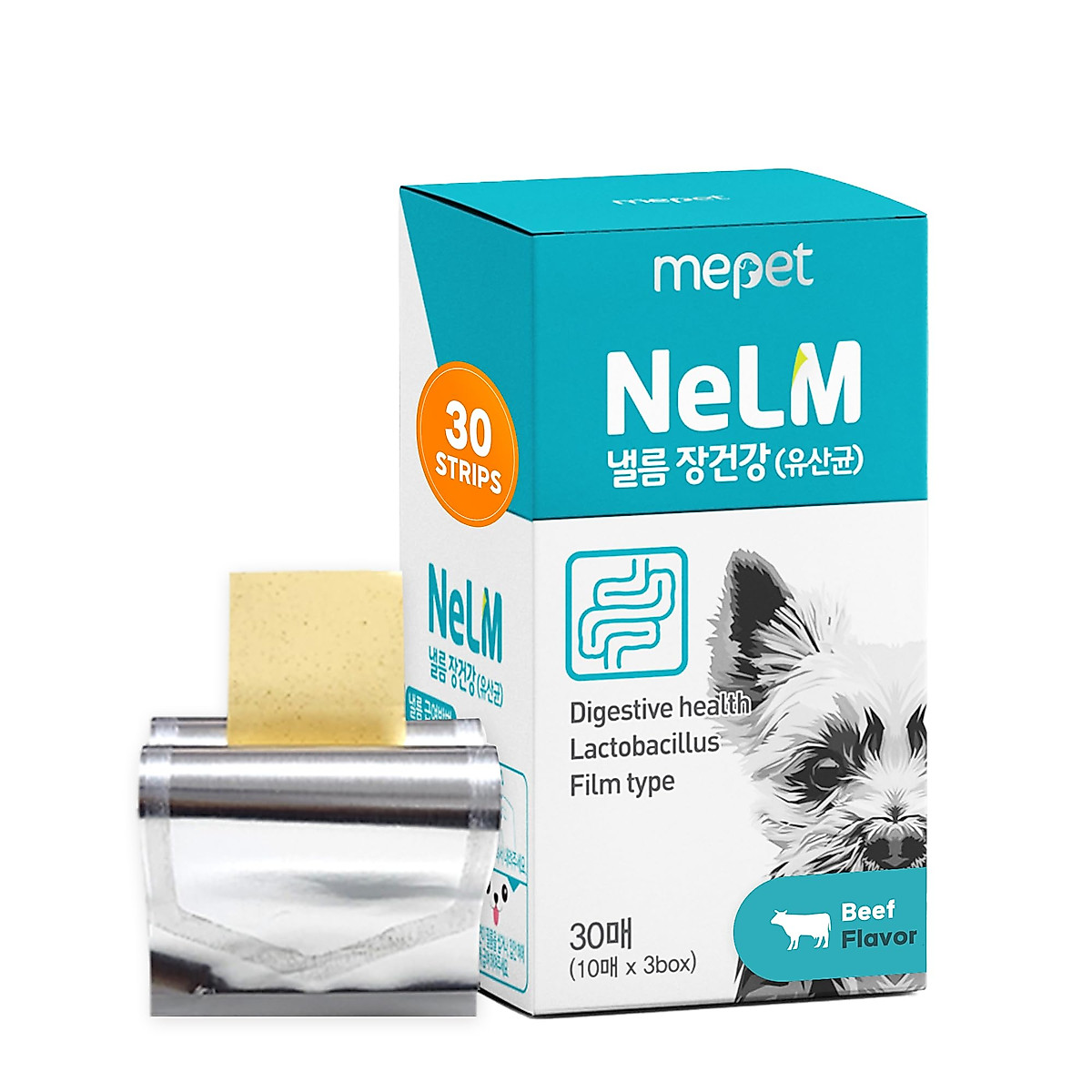 Mepet Gut Support for Dogs - Mouth Dissolving Strips, Gut and Digestive Health with nF1 Lactobacillus, Probiotic - Anti Diarrhea, Boost Immune System - Allergens and Additives Free - Beef, 30 Strips