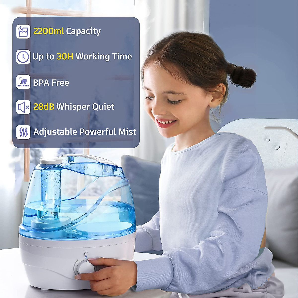 2200ml Humidifiers for Bedroom, Cool Mist Humidifier for Home Nightlight, Adjustable 360°Rotation Nozzle, 30Hrs Run-Time 28dB, BPA-Free Auto-Shut Off Humidifier for Large Room, Easy to Clean (White)