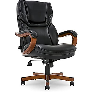 Serta Big and Tall Executive Office Chair with Wood Accents Adjustable High Back Ergonomic Lumbar Support, Bonded Leather, 30.5D x 27.25W x 47H in, Black