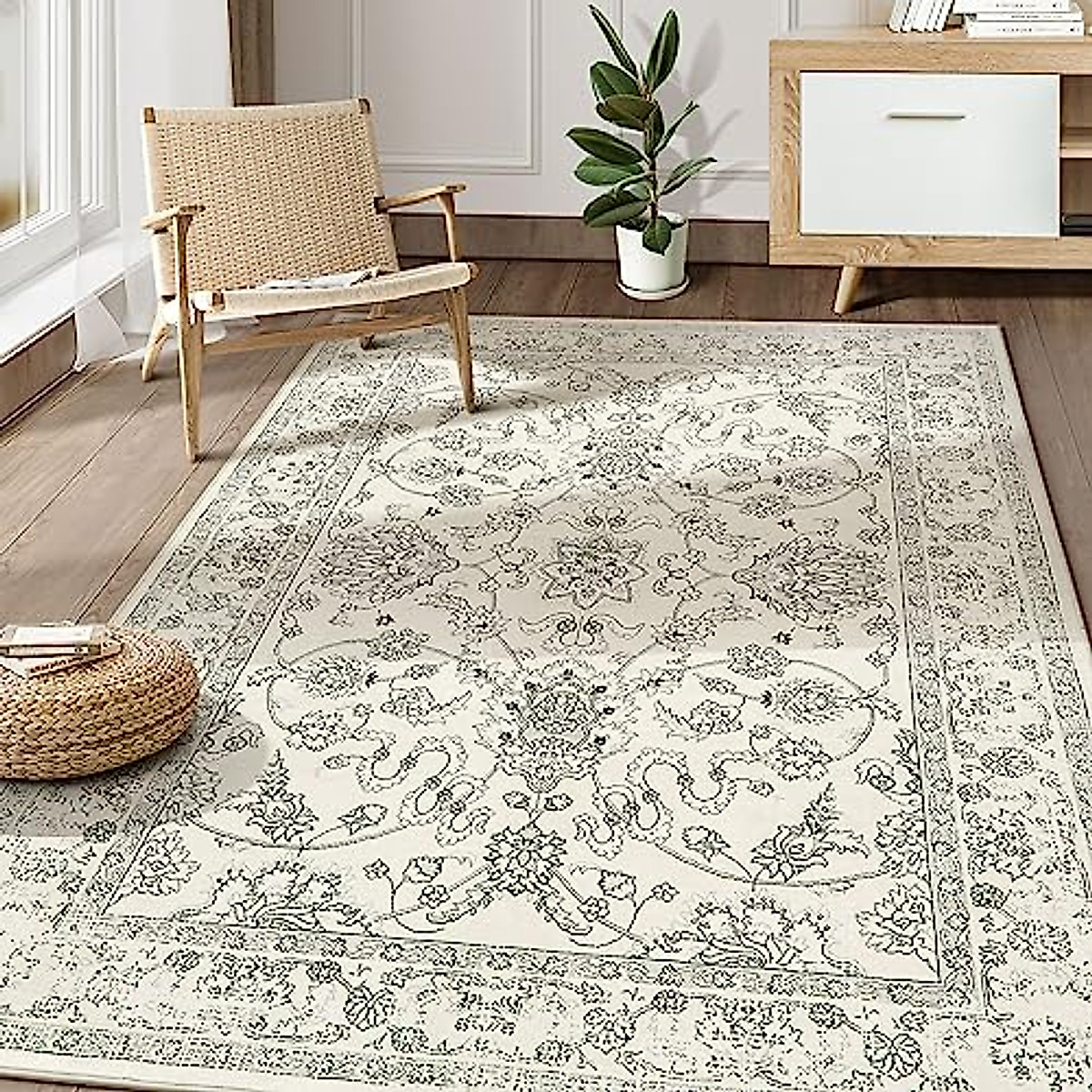 Area Rug Living Room Rugs - 5x7 Machine Washable Soft Farmhouse Boho Moroccan Floral Thin Rug Indoor Floor Carpet for Bedroom Under Dining Table Home Office Decor - Grey