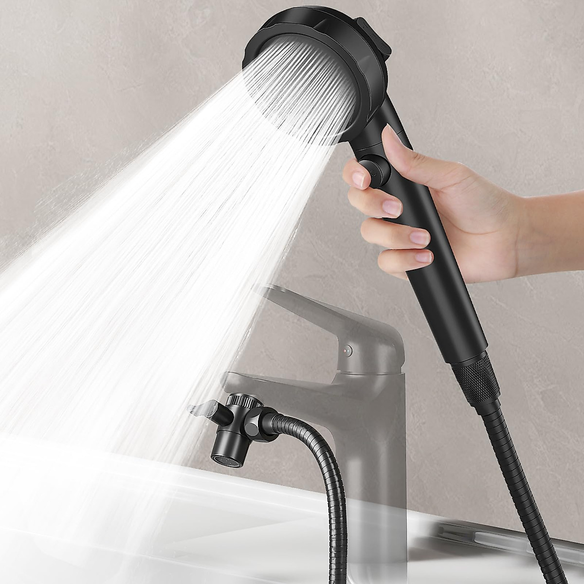 HOWUWEY Sink Hose Attachment With 5 Adapters, Tub Sprayer, 3 Spray Modes Shower Head, ON/OFF Button, Filtered Sprayer for Faucet (Matte Black)