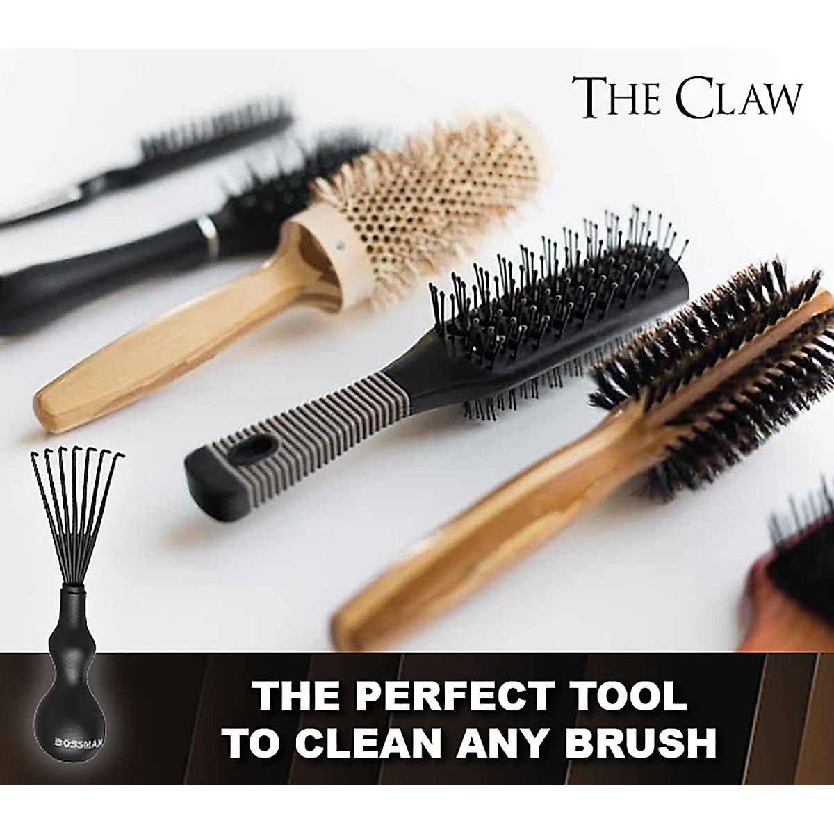 Bossman THE CLAW Round Hair Brush Cleaner Tool 3 Inch - Valentine's Gift for Men - Cleans Boar Bristle, Wave or Plastic Brushes & Combs - Black Hairbrush Cleaning Rake - Cat Brush & Dog Brush Cleaner