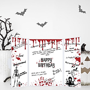 DARUNAXY Halloween Birthday Party Decorations, Red Halloween Happy Birthday Alternative Signature Guest Book Birthday Gifts on Halloween Skull Ghost Birthday Signing Card Party Supply Day of The Dead