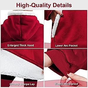 Dolloly Wearable Blanket Hoodie Super Soft Cozy Unisex Sherpa Blanket, Oversized Sweatshirt Wine Red One Size