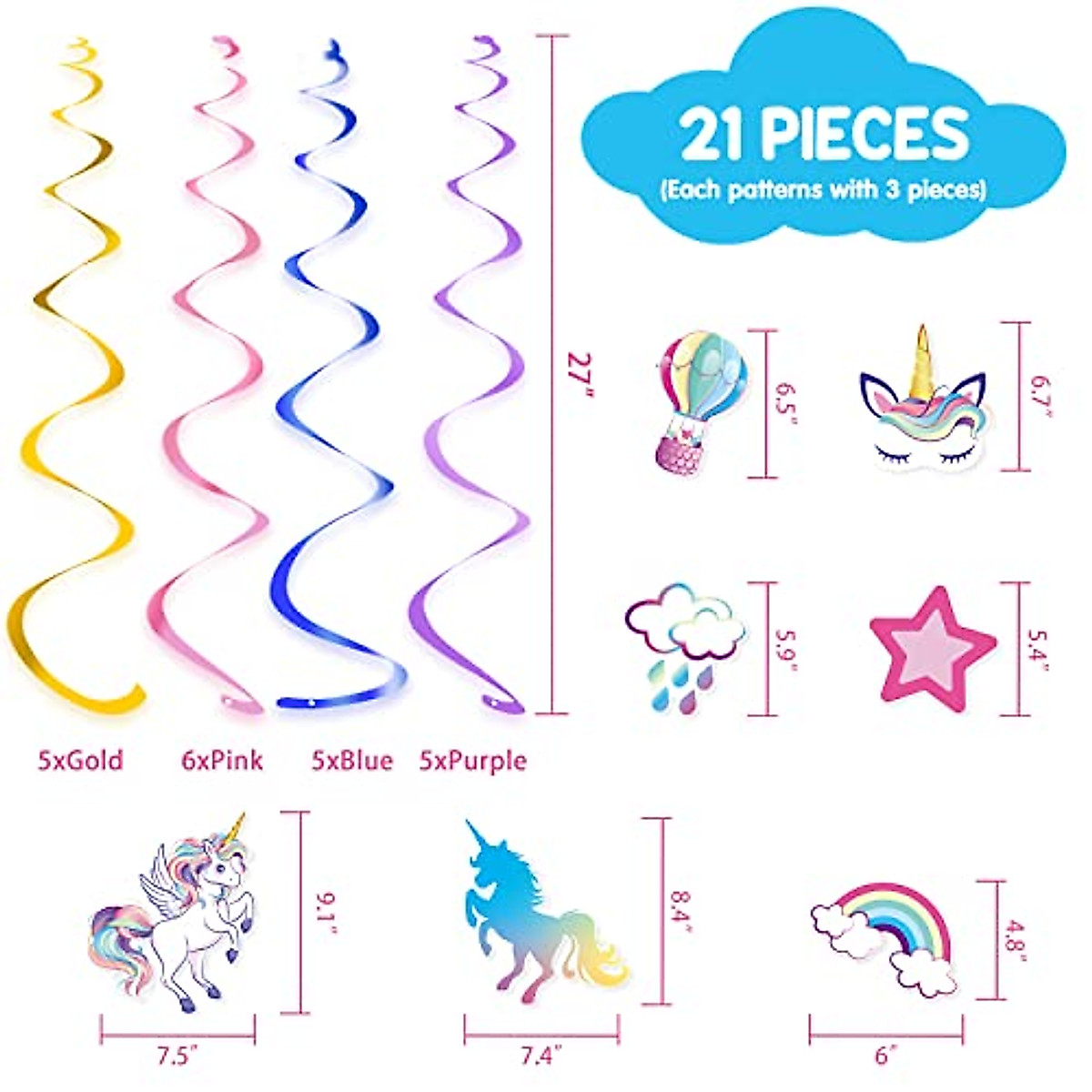 Unicorn Hanging Swirls - 21PCS Rainbow Unicorn Birthday Decorations Ceiling Streamers for Girls Birthday Party Supplies Unicorn Theme Hanging Decor