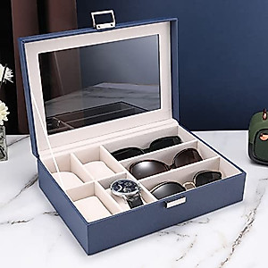 IVZISOWatch Box Display Cabinet Glasses Organizer, Jewelry Organizer, 4 Compartment Watch Organizer and 3 Compartment Glasses Case, Best Gift for Men and Women (Blue)