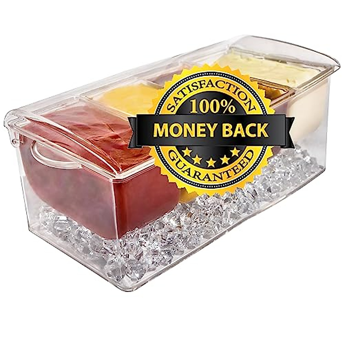 Ice Chilled 4 Compartment Condiment Server Caddy - Serving Tray Container with 4 Removable Dishes and Hinged Lid | 3 Serving Spoons + 3 Tongs Included