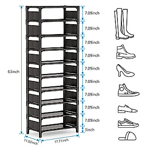 sunvito 10 Tiers Shoe Rack, Tall Narrow Shoe Rack Sturdy Stackable Shoe Shelf Storage Organizer, Holds 20-25 Pairs Vertical Shoe Stand for Closets, Entryway, Black