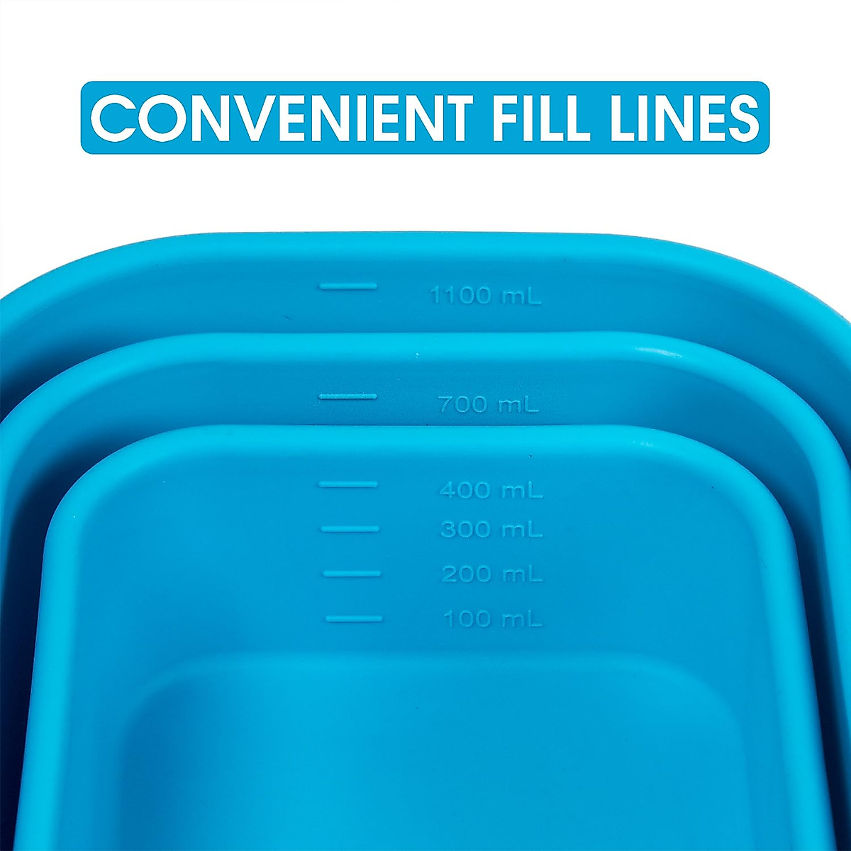 Nesting 100% Silicone Food Storage Containers with Lid & Measuring Line, 6 Pack, Leakproof Stackable Hard-Shell Silicone Containers for Food Lunch Snack, Microwave Oven Freezer Dishwasher Safe, Blue