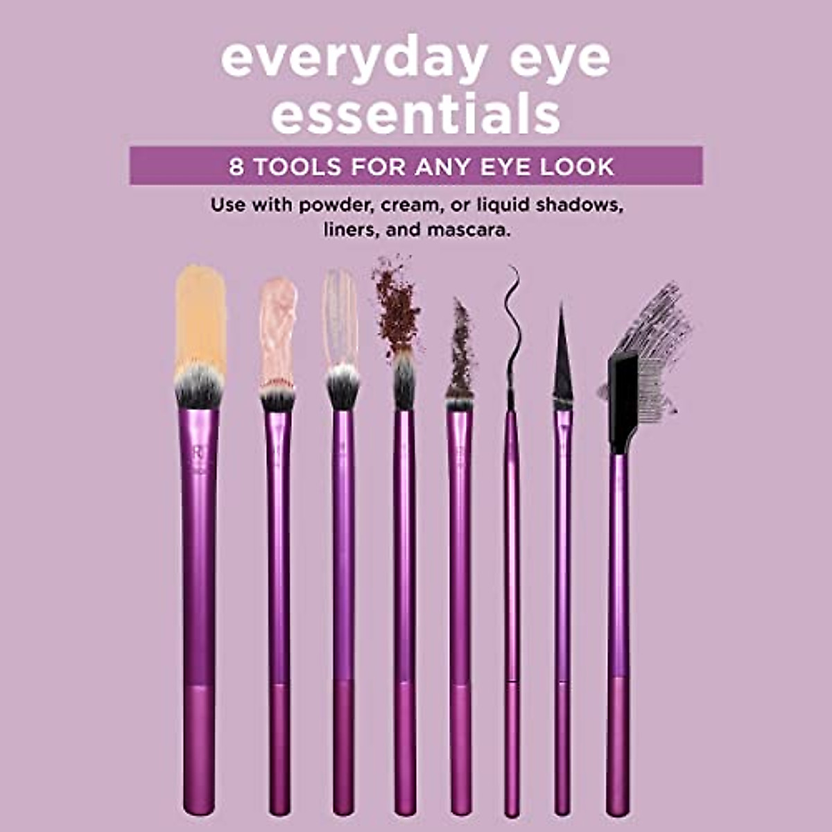 Real Techniques Everyday Eye Essentials Makeup Brush Kit, Eye Makeup Brushes for Eye Liner, Eyeshadow, Brows, & Lashes, Synthetic Bristles, Cruelty-Free & Vegan, 8 Piece Set