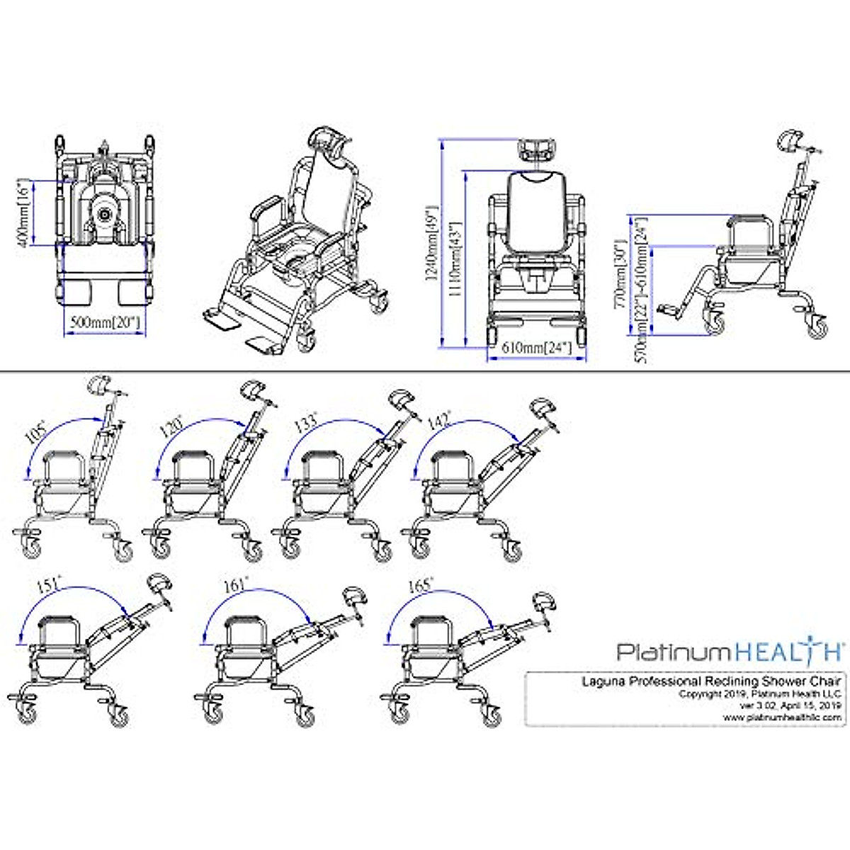Laguna Professional Reclining Shower Chair with Wheels, Institutional Quality Adjustable Tilting Commode Seat for Shower and Bathtub for Elderly, Seniors, and Disabled, Padded Seat, Back, Armrests