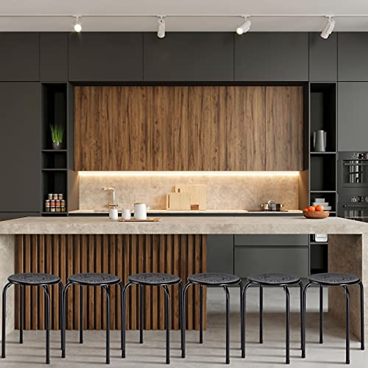 LDAILY Multipurpose Stool Chairs, Small Stool Sets, Metal Stool with Dome, Stackable Backless Kitchen Stool Indoor Outdoor, Furniture Stools, Suitable for Garden, Living Room, Home, Black (6-Pack)