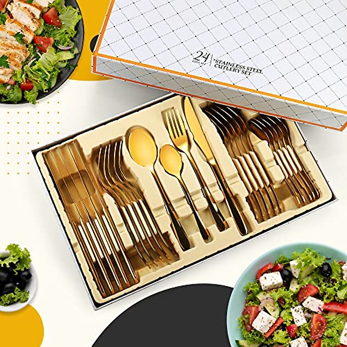 Gold Silverware Set，24-Piece Stainless Steel Flatware Service for 6, Mirror Finish Cutlery Set with Gift Box