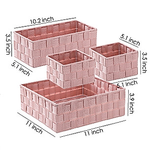 Motifeur Decorative Woven Strap Set of 4 Nesting Baskets, Bathroom Countertop Storage Bins, Handmade Organization Containers for Home Shelves, Bedroom Cabinets Closets and Kitchen Pantry (Pink)