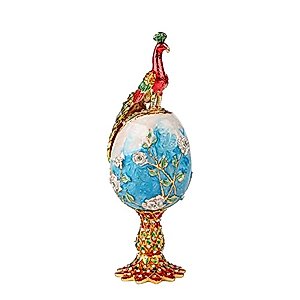 QIFU Vintage Blue Peacock Faberge Egg Style Trinket Box Hinged, Unique Gift for Family