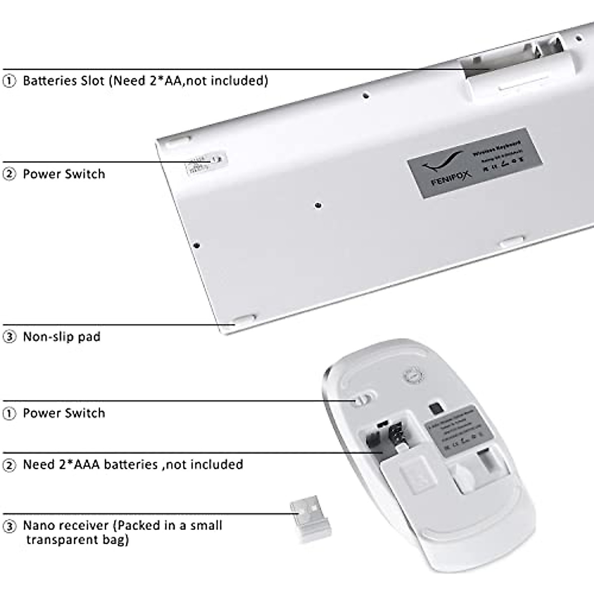Wireless Keyboard and Mouse, USB Slim Compact Keyboard with Number pad, Ergonomics Quiet Keyboard Mouse for Laptop Computer PC Mac Windows, White Silver