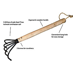 Garden Guru Hand Rake Cultivator Claw Soil Tiller - Military Grade Steel - Rust Resistant - 5 Tine Japanese Ninja Claw - Comfortable Wood Handle - Perfect Pulverized and Aerated Soil