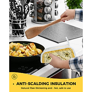 Retro Farm Honeybee Sunflower Potholders for Kitchen Set of 4, Heat Proof Pot Holder Vintage Yellow Washable Oven Hot Pads Potholder for Cooking Baking