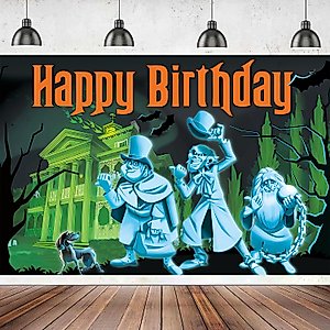 5x3FT Haunted House Birthday Decorations Banner, Halloween Haunted House Decor Happy Birthday Banner, Cartoon Halloween Haunted House Birthday Party Supplies Photography Decorations