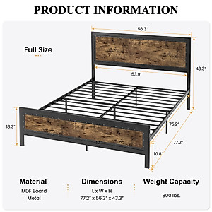 SHA CERLIN Grey Metal Bed Frame Full, Industrial Wooden Platform Base with Rivet Headboard and Footboard, No Box Spring Needed