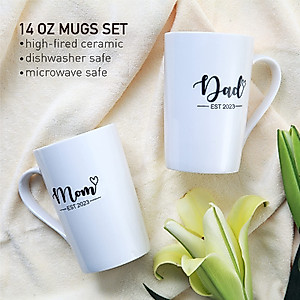 Pregnancy Gifts for First Time Moms – Mom and Dad Est 2023 14 oz Mug Set with Onesie and Baby Socks - Top New Parents Gifts for Mom and Dad to Be - Idea for Baby Shower, Gender Reveal