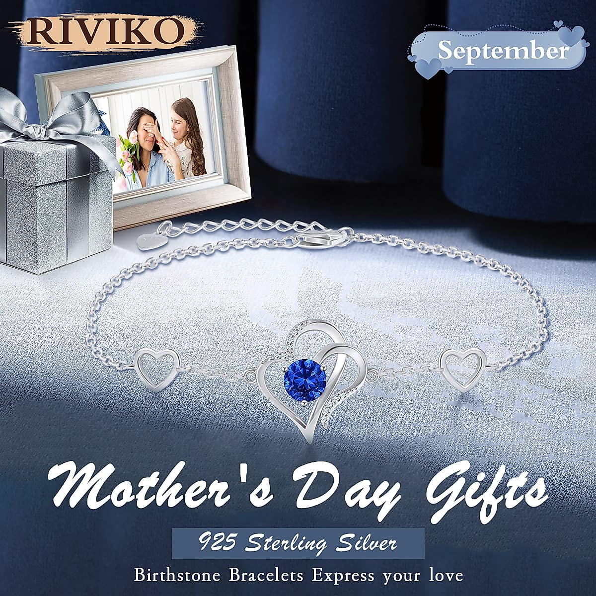 RIVIKO Love Heart Charm Bracelet For Women 925 Sterling Silver With Zirconia Birthstone Bracelets Adjustable Link for Mother Wife Girls Sister Birthday Christmas Mother's Day Jewelry Gift, Sterling