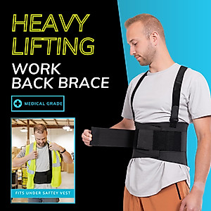BraceAbility Work Back Brace - Industrial Lower Back Pain Protection Belt for Men and Women, Construction, Moving, Warehouse Jobs - Removable Suspender Shoulder Straps for Heavy Lifting Safety (L)