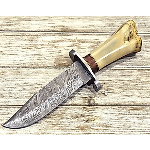 SHOKUNIN USA DAMASCUS HUNTING KNIFE, Forged Custom Bowie knife, 12.0",Hand Made, personalized camping knife, bone handle, hand stitched leather sheath knife